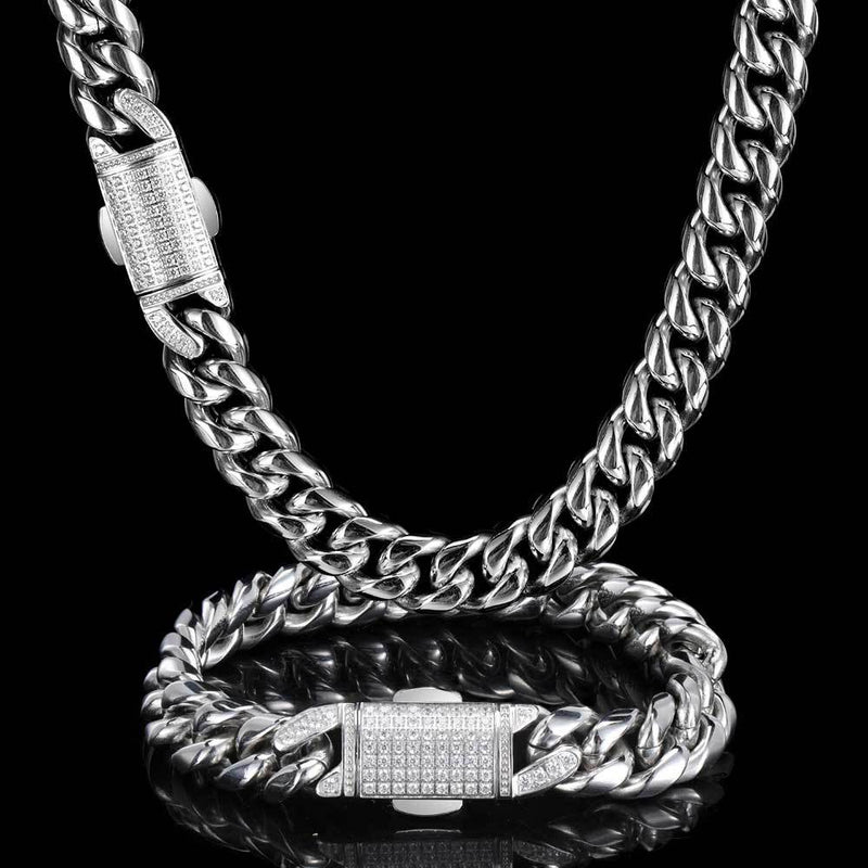 12MM 18K/White Gold Iced Out Clasp Miami Cuban Link Chain Neclace ...